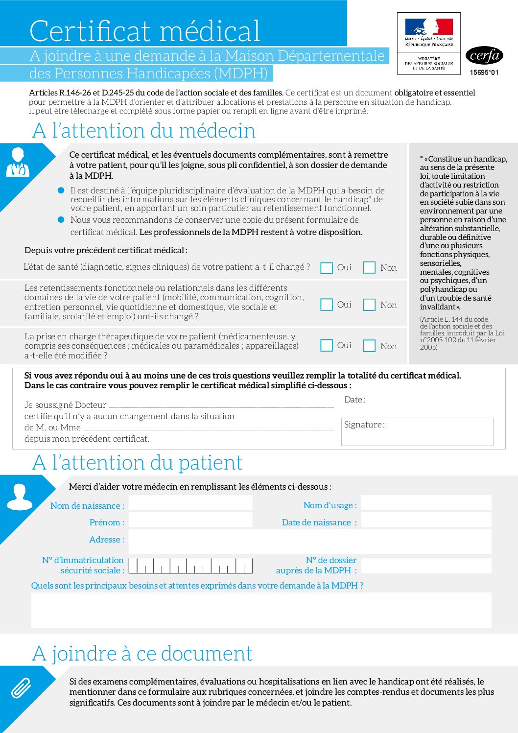 Certificat medical destiné à être joint à une deande auprès de la MDPH ...