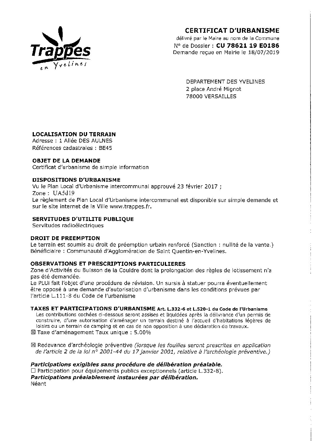 Annexe 7- Certificat d'urbanisme - Conseil départemental des Yvelines