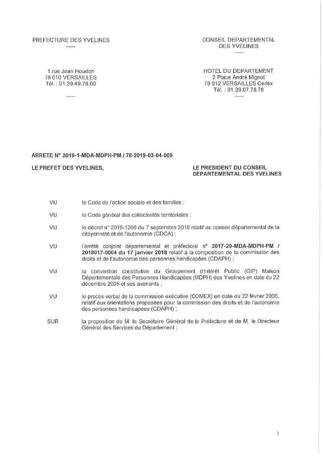 Arrêté composition CDAPH - Conseil départemental des Yvelines